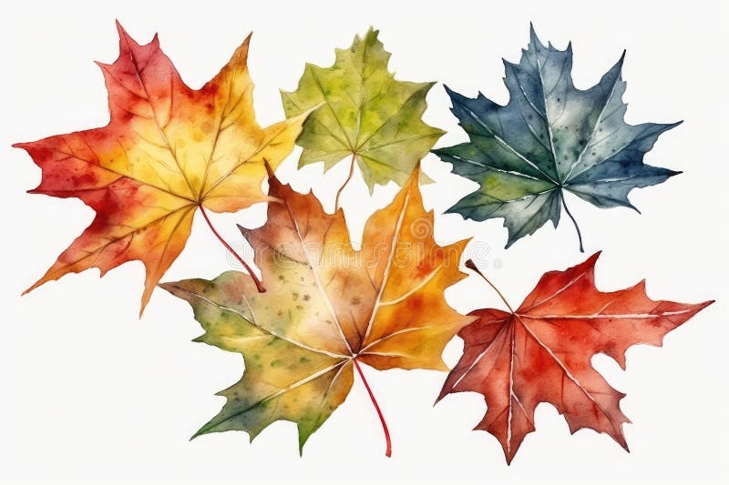 Close Up Watercolor Multicolor Tree Maple Leaves Background. High ...