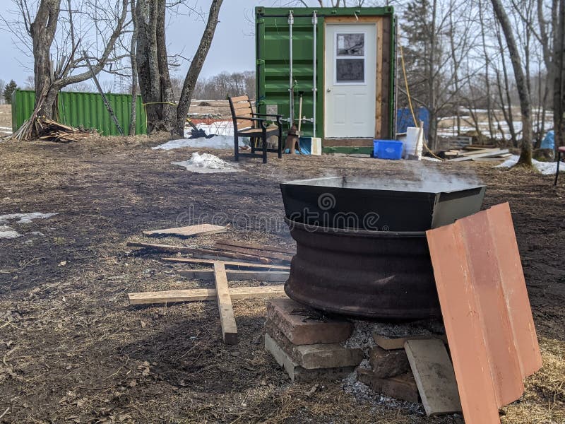 Maple Sap Boiling in a Pan in the Yard Stock Photo - Image of ...