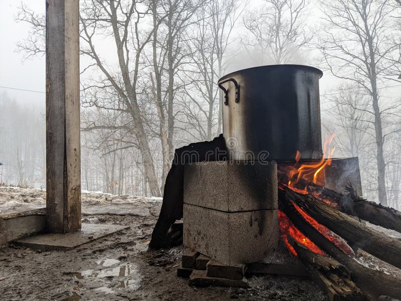 Maple Sap Boiling in a Pot Over a Fire Stock Photo - Image of food ...
