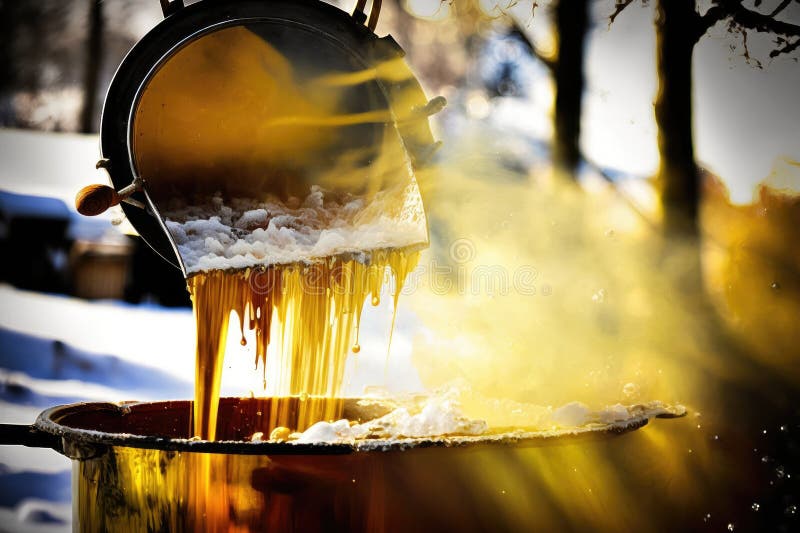 Maple Sap Evaporator in Motion, with Clear and Golden Liquid Draining ...