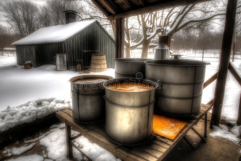 Maple Sap Evaporator, Surrounded by Buckets of Maple Sap, Ready for ...