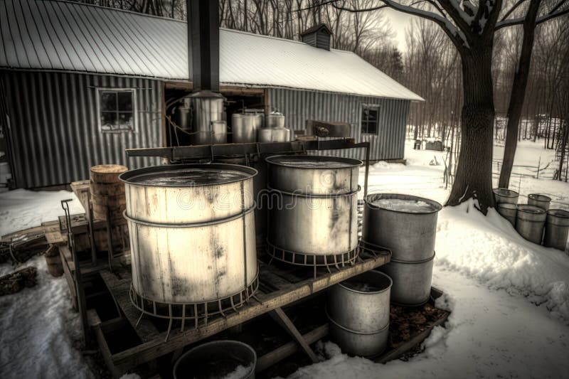 Maple Sap Evaporator, Surrounded by Buckets of Maple Sap, Ready for ...
