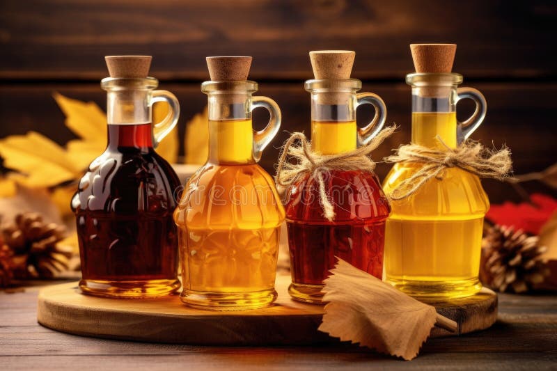 Maple Syrup Bottles with Different Grades on a Wooden Table Stock ...