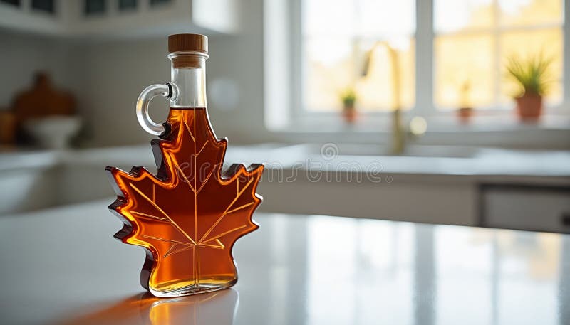 Maple Syrup in a Leaf-shaped Bottle on a Bright Kitchen Counter. Stock ...