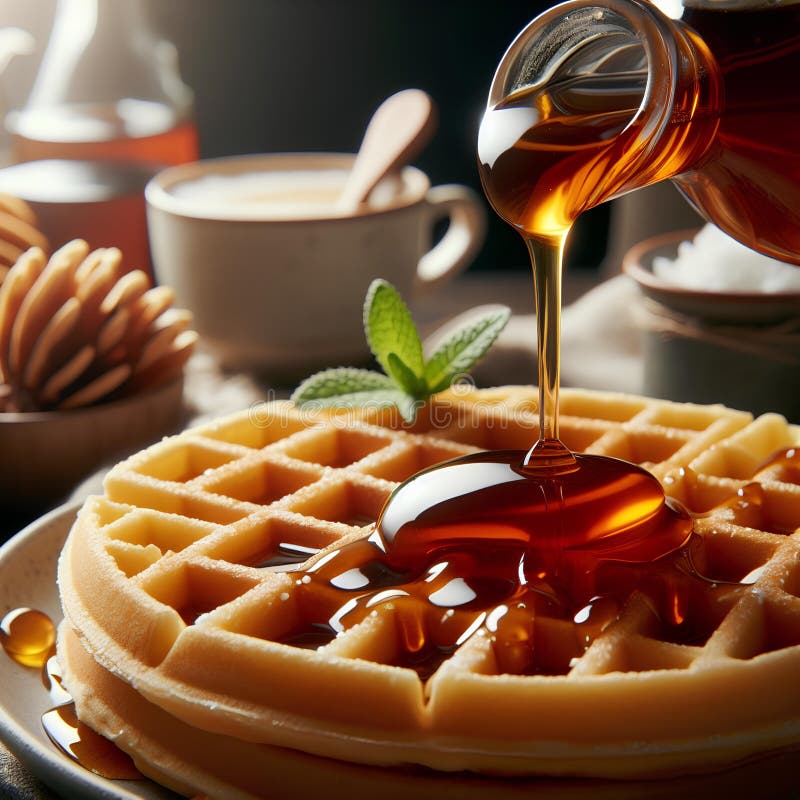 Maple Syrup Pouring Onto Waffle Closeup Stock Illustration ...
