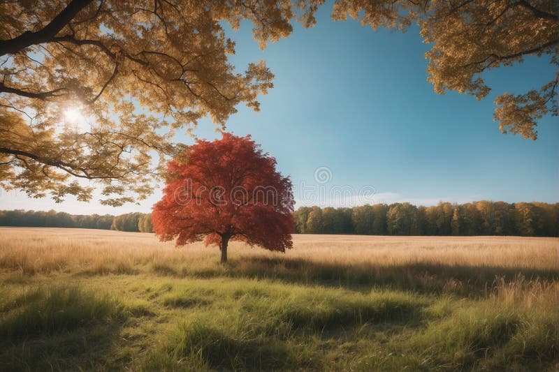 Maple Tree in Field Under Blue Sky Stock Illustration - Illustration of ...