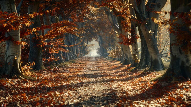 Maple Tree Lined Forest Path in Autumn Glory with Fallen Leaves Carpet ...
