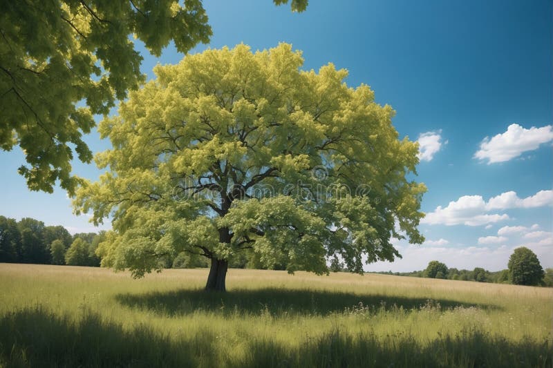 Maple Tree in a Summer Meadow Under a Blue Sky Stock Illustration ...