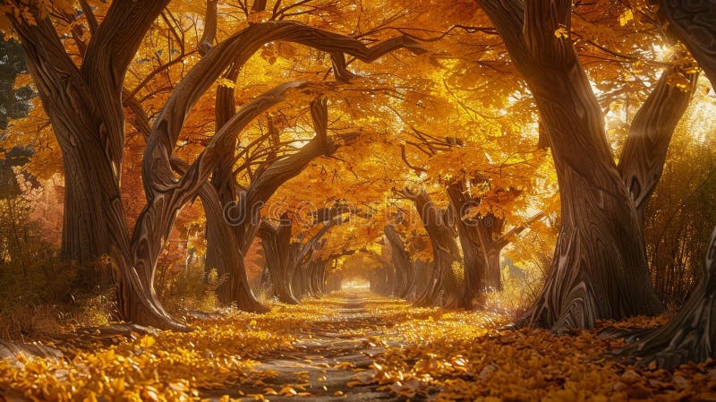 Maple Trees Autumn Canopy Over Path with Fallen Leaves in Realistic ...