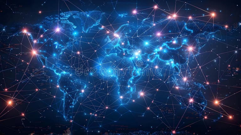 Mapping Global Telecommunications Networks: World Map with Glowing ...