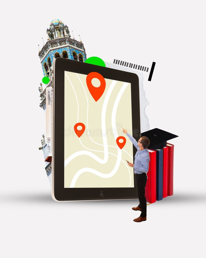 Mapping the Path To Knowledge. Man Pointing at Giant Digital Map on ...