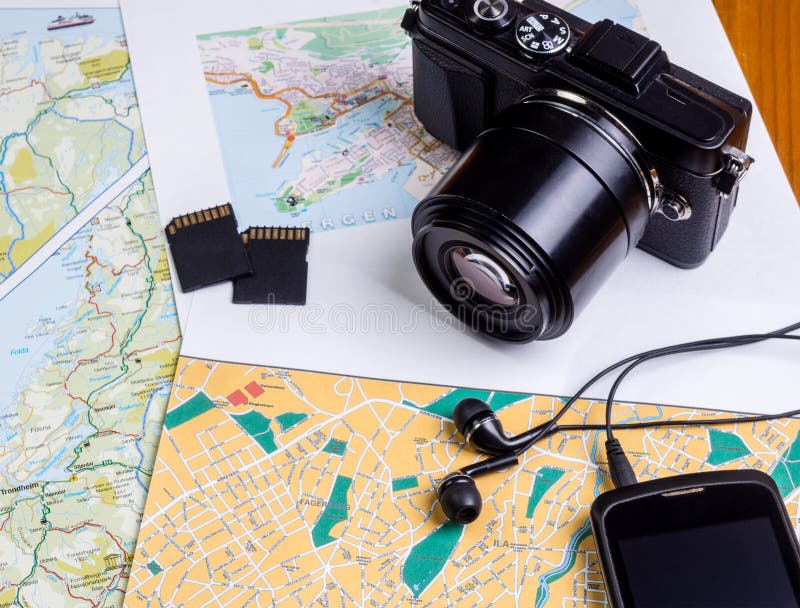 Maps, Camera, Smartphone with Headphones Stock Image - Image of ...