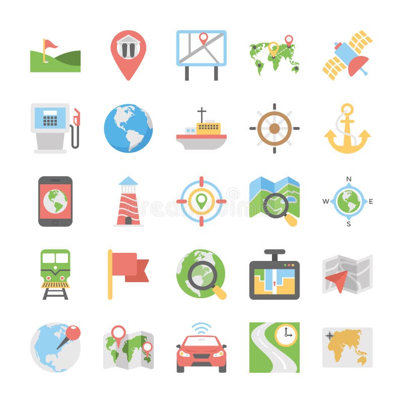 Maps and Navigation Flat Vector Icons Pack Stock Illustration ...
