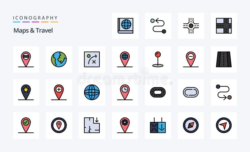 25 Maps Travel Line Filled Style Icon Pack Stock Vector - Illustration ...