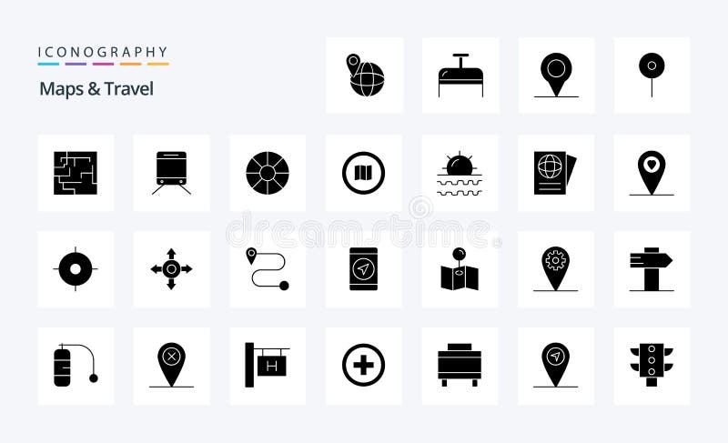 25 Maps Travel Solid Glyph Icon Pack Stock Vector - Illustration of ...