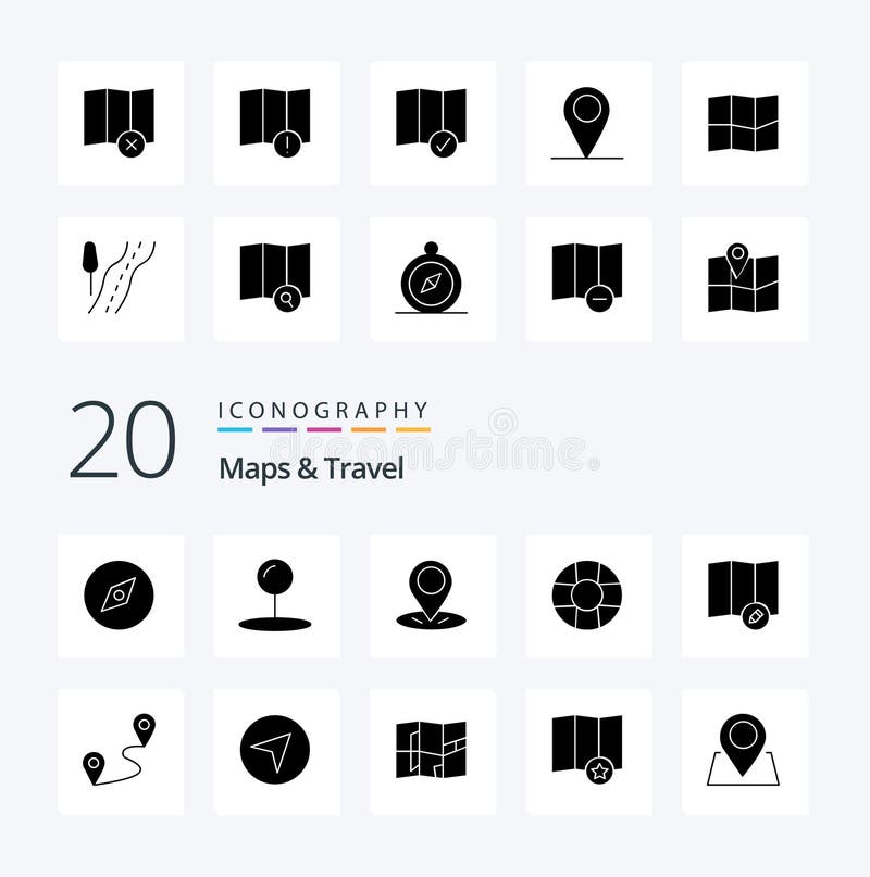 20 Maps Travel Solid Glyph Icon Pack Like Pin Gps Map Map Check in Stock Vector - Illustration ...