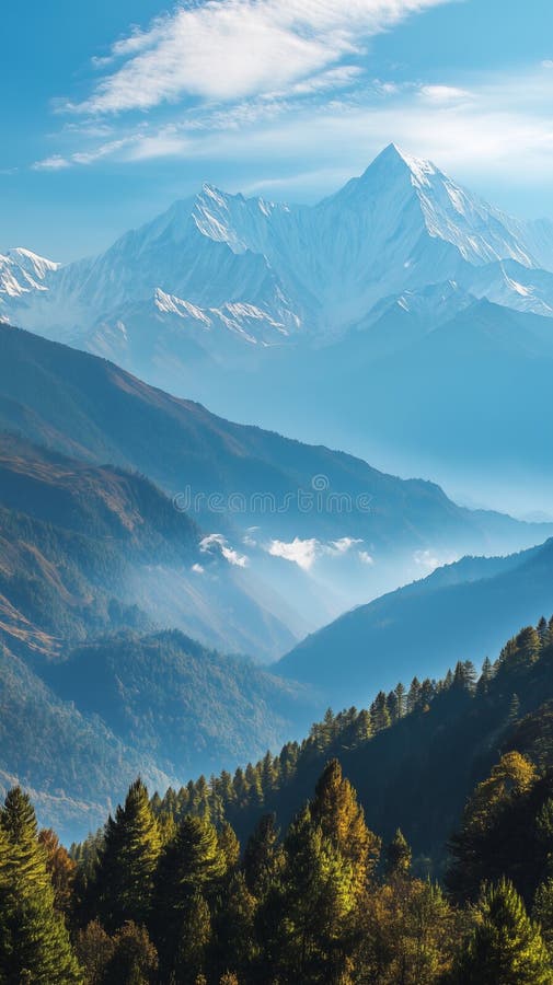 Majestic Mountain Range with Forested Valley and Snow-Capped Peaks ...