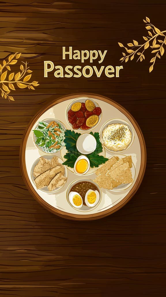 Happy Passover Seder Plate on a Wooden Background Stock Illustration ...