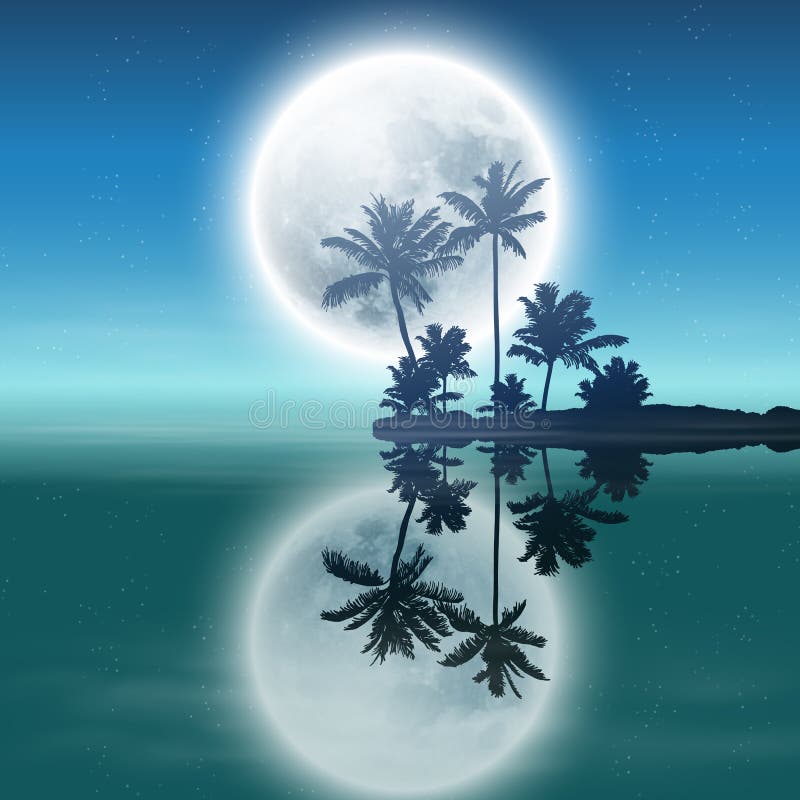 Mar Com a Ilha Com Palmeiras E Lua Cheia. Ilustração do Vetor ...