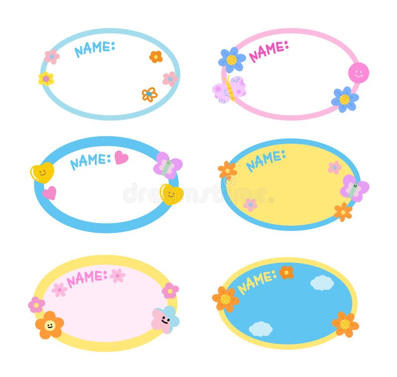 Various Designs of Cute Name Tags with Heart, Flower, Butterfly, Cloud ...
