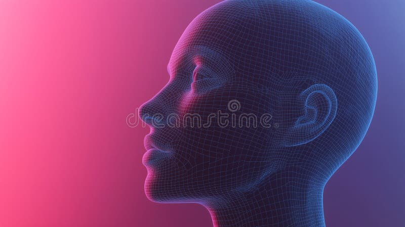 3D Rendered Wireframe Human Head Profile with Contrasting Pink and Blue ...
