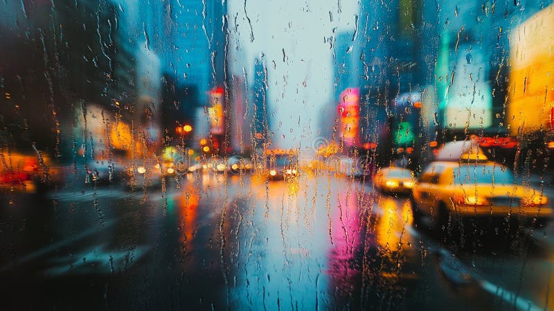 Rain-Streaked Window View of New York City Street with Yellow Taxi ...