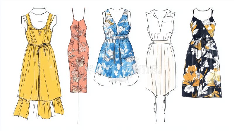 Collection of Fashion Sketch Dresses with Detailed Designs Stock ...