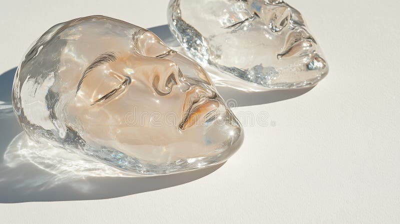 Two Glass Sculptures of Human Faces on a White Surface Stock ...
