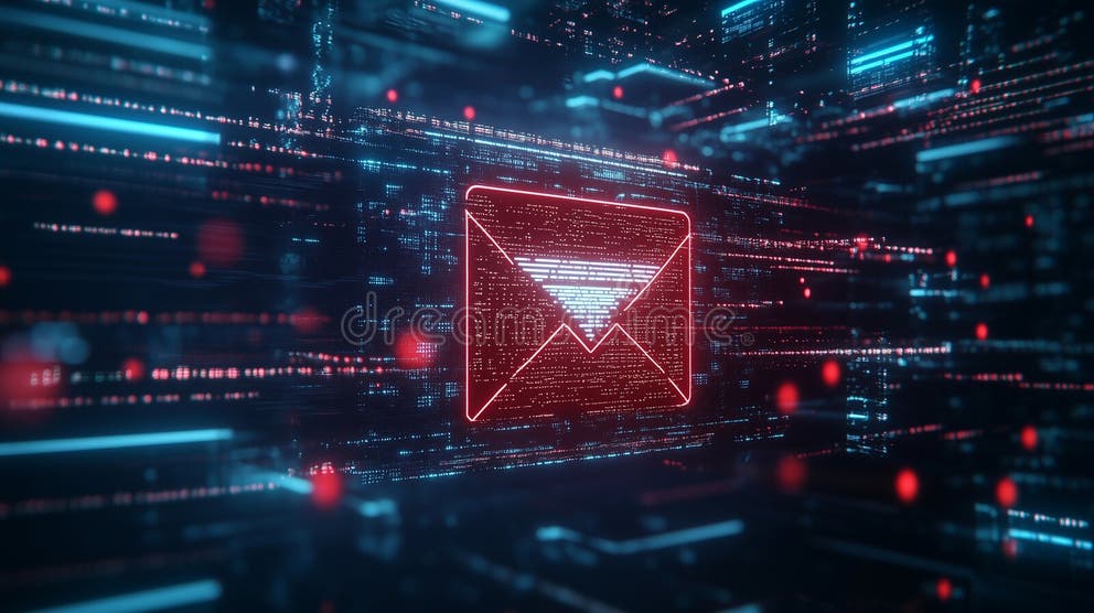 Digital Email Icon with Glowing Lines and Data Stream Background Stock ...