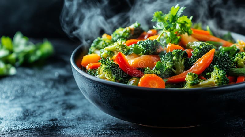 Steaming Vegetable Stir-Fry in a Black Bowl Stock Illustration ...