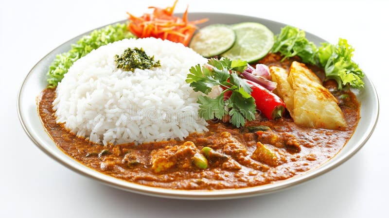 Chicken Curry with Rice and Salad on a Gray Plate Stock Illustration ...