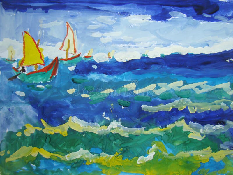 Mar Tormentoso Pintado Pela Criança Ilustração Stock - Ilustração de ...