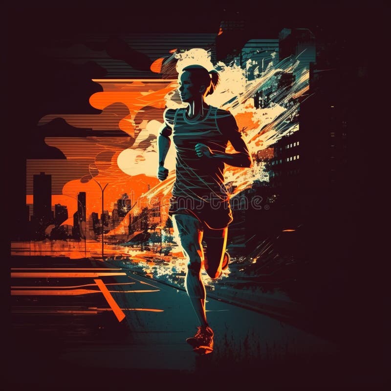 Marathon Runner in a City, Vector Illustration, Double Exposure. AI ...