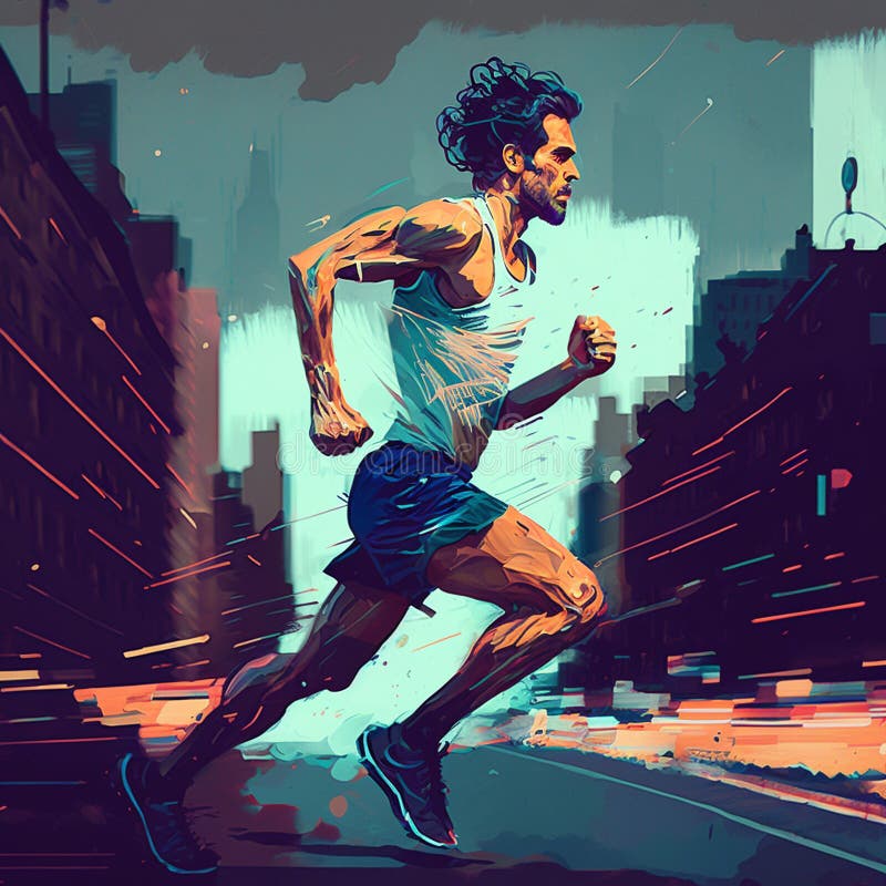 Fire Marathon Runner in a City, Vector Illustration, Double Exposure ...