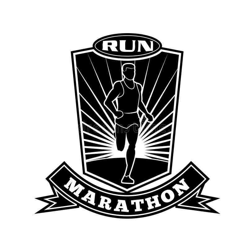 Marathon Runner Running Front View Shield Retro Black and White Stock ...