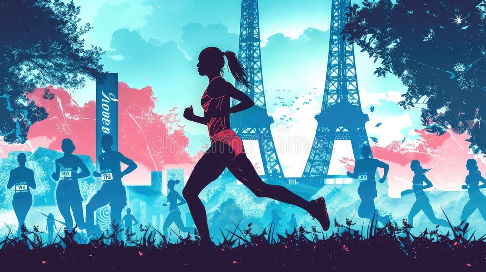 Marathon Runners in Front of Eiffel Tower at Sunrise Stock Illustration ...