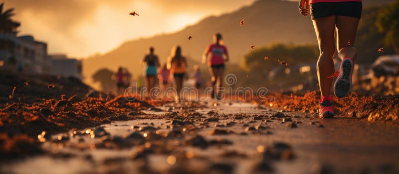 Marathon Running Race, People Running on Beach at Beautiful Sunset ...
