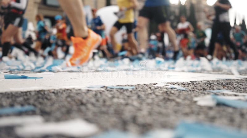 Marathon Start Finish Line with Confetti Runners Stock Footage - Video ...