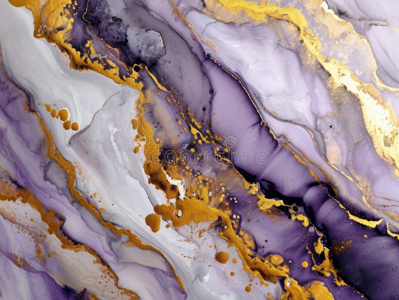 Marble Abstract Background with Gold and Violet Stains. Liquid Marble ...
