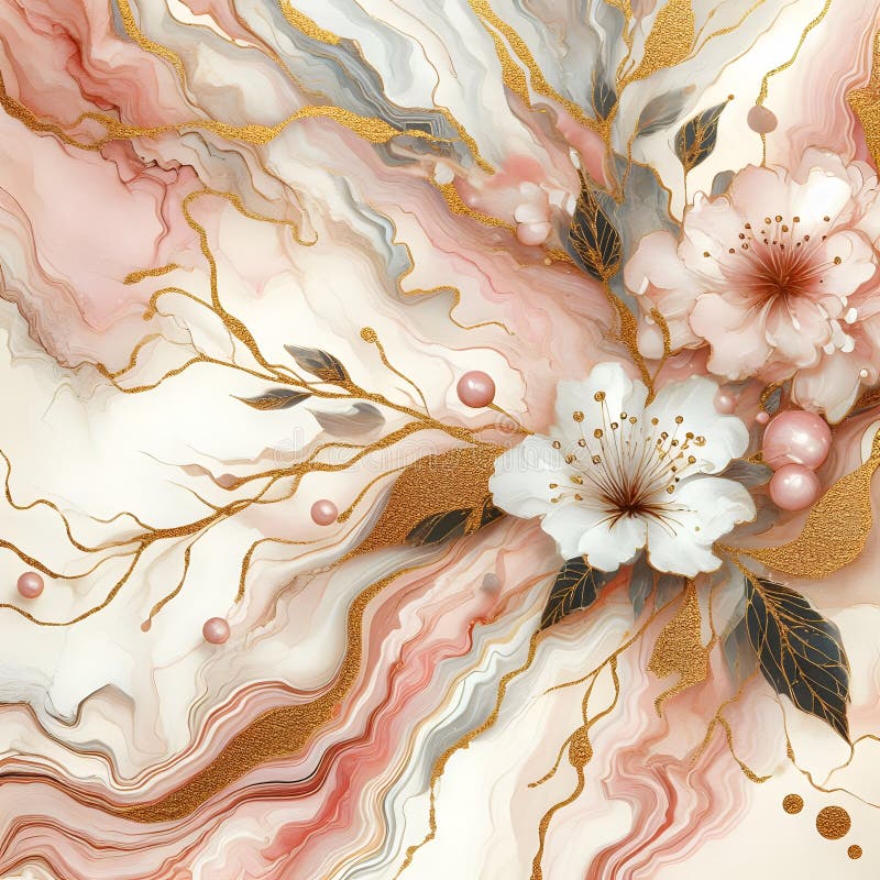 Marble Abstract Background with Pink and Beige Flowers. Liquid Marble ...