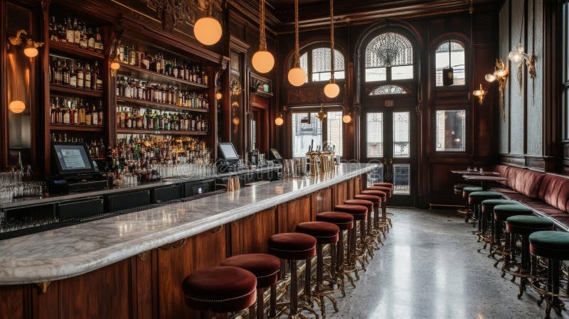 Marble Bar Counter with Stools in a Classic Bar Interior Stock ...