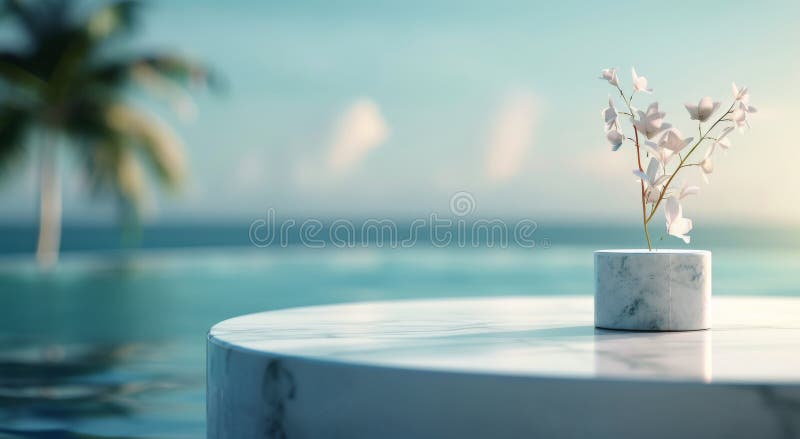 Marble Coaster on Table by Poolside with Lush Palm Trees at Sunset ...