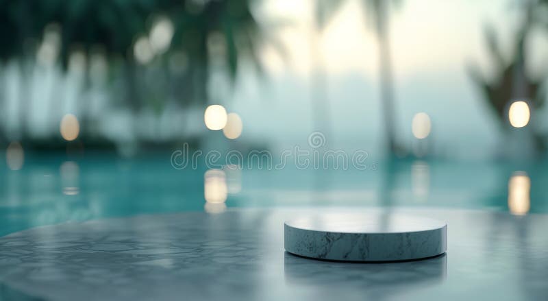 Marble Coaster on Table by Poolside with Lush Palm Trees at Sunset ...