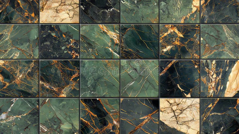 Marble, Copper, Black, and Diamond-shaped Tiles in a Repeating Pattern ...