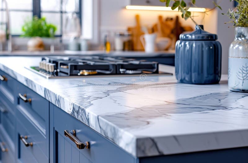 The Marble Counter Top and Blue Colored Cabinets in the Kitchen Stock ...