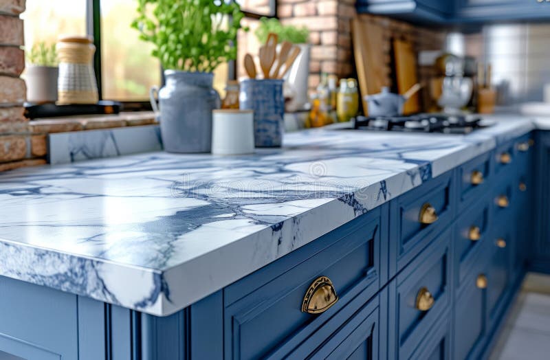The Marble Counter Top and Blue Colored Cabinets in the Kitchen Stock ...