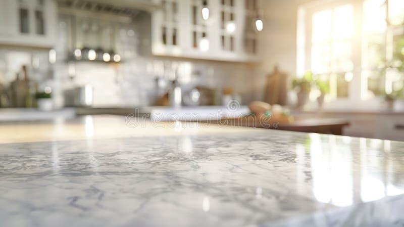 Marble Countertop and Product Display Stand Against Kitchen Interior ...