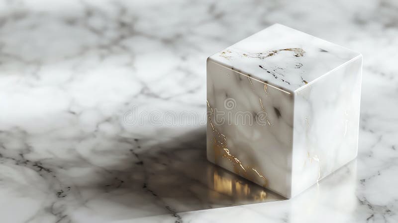 A Marble Cube with Golden Veins Sits on a Marble Surface. the Cube is ...