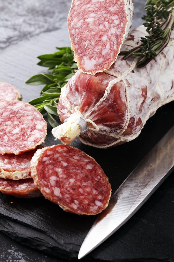 Marble Cutting Board with Sliced Salami on it. Stock Image - Image of ...