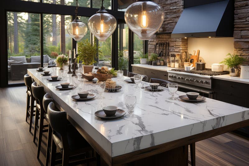 Marble Dining Table in the Kitchen in a Country House Stock ...